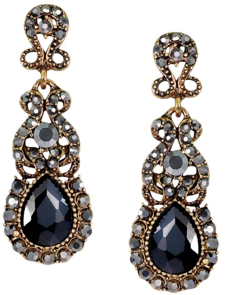 Antique Gold Vintage Retro Deco Victorian Style Jet Black Grey Marcasite Rhinestone Statement Earrings