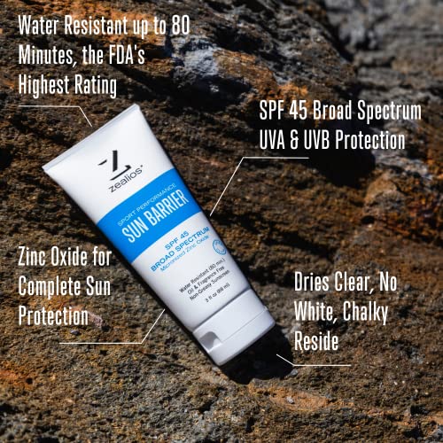 Sun Barrier 3 oz by Zealios - Broad Spectrum SPF 45 Non-Greasy Water-Resistant Zinc Sunscreen - Last Absorbing Sunblock Body Lotion for Athletes