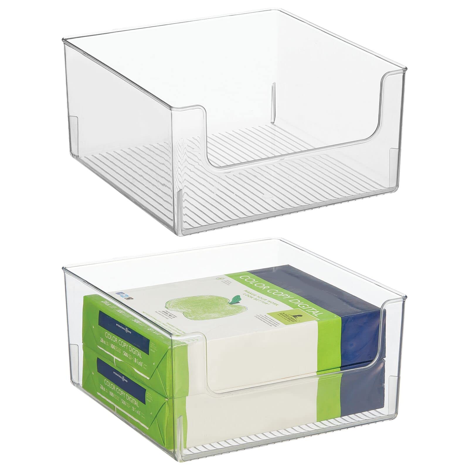 mDesign Modern Wide Plastic Open Front Dip Storage Organizer Bin Basket for Home Office Organization - Shelf, Cubby, Cabinet, and Closet Organizing Decor - Ligne Collection - 2 Pack - Clear