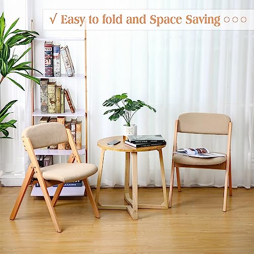 Kigley 2 Pack Folding Chairs with Padded Seats and Removable Cover, Wooden Foldable Dining Chairs Stackable Padded Single Folding Chairs for Home Office Wedding Party Events Indoor Outdoor, Khaki