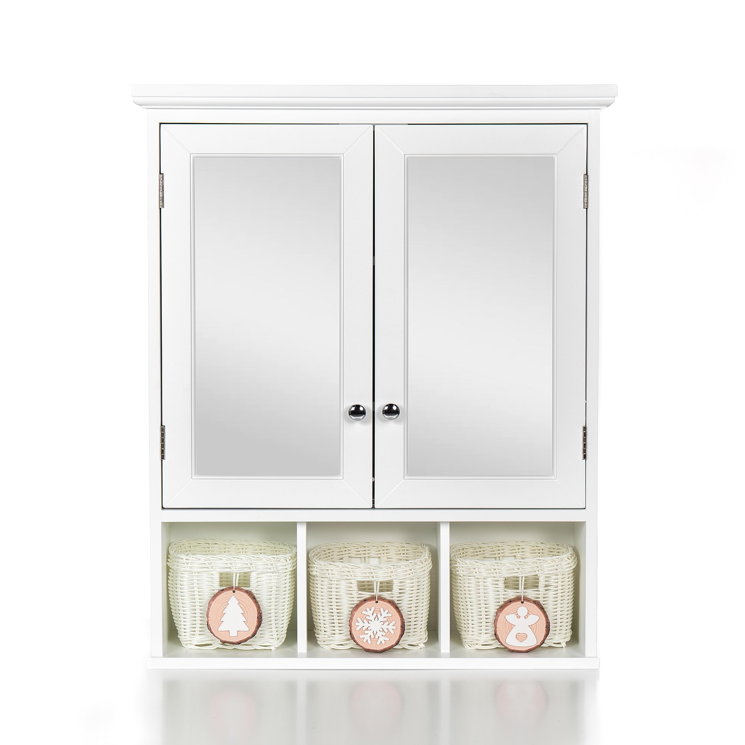Bathroom Storage Cabinet, Medicine Cabinets for Bathroom with Mirror, 2 Doors 2 Adjustable Shelf + 3 Christmas Style Storage Basket, White Wood Cabinet Wall Mounted for Bathroom Laundry Room Kitchen