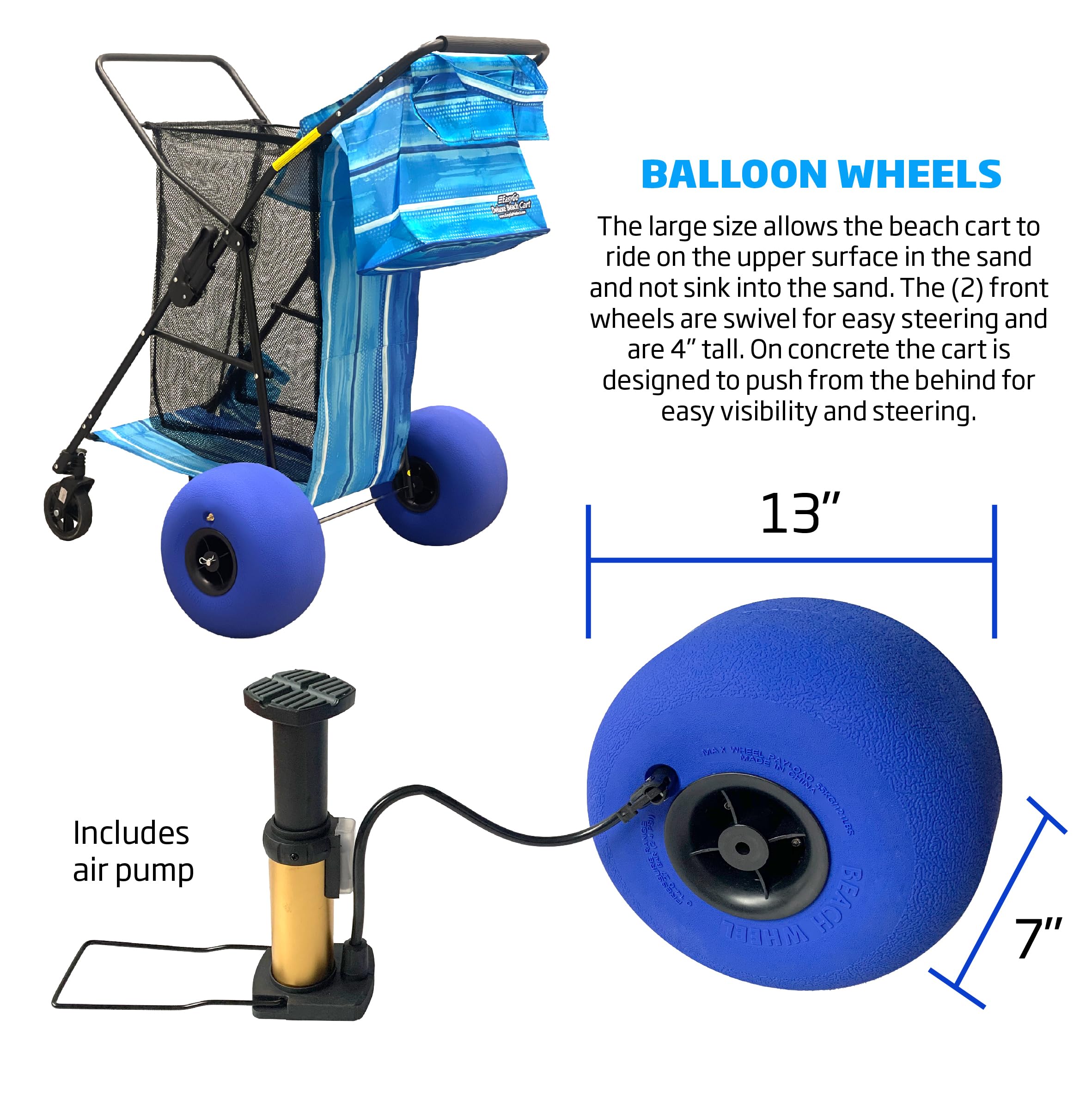 Beach Cart Balloon Wheel Deluxe Heavy Duty Folding Ocean Utility 13β x 7β Sand Wheels Holds 4 Folding Chairs Umbrella Holder Removable Beach Bag Blue Striped Pattern