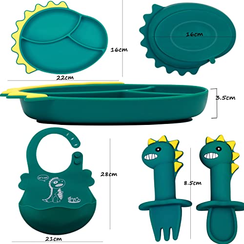 KAVONOI Baby Feeding Set,Silicone Suction Plate Dinosaur Shape SelfFeeding Adjustable Bib, Suction Plate for Baby Toddler with Spoon Fork Adjustable Bib Set -Blue Dinosaurs
