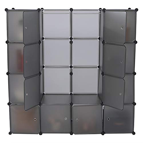JASOYA modular wardrobe plastic cabinet, 16 cubic wardrobe drawer units, DIY modular wardrobe with doors, can store shoes, books, toys, yarn, gray