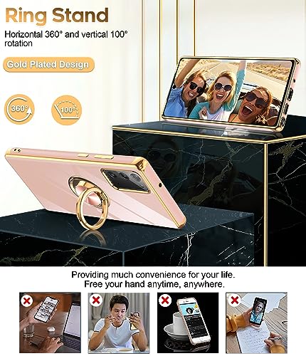 LeYi for Galaxy Note 20 Case: 360° Rotatable Ring Holder Magnetic Kickstand, Plating Rose Gold Edge Protective Samsung Galaxy Note 20 Case, Pink