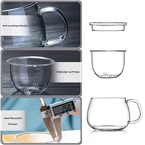 Lezero 13 ounce Tea Cups Kits Loose Tea-leaf Brewing System, Thickened Glass Cups with Tea Infuser Basket and Lid, Simple Filtration Teacups Great for Family Daily