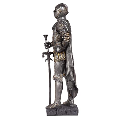 Design Toscano King's Guard Medieval Decor Half Scale Knight Armor Gothic Statue, 39 Inch Tall, Cast Stone Resin, Metallic Finish with Faux Stone Base