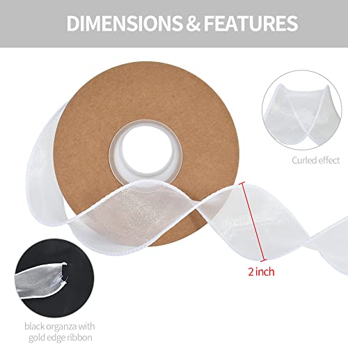 TONIFUL 1-1/2 Inch Wide White Wired Chiffon Ribbon Sheer Organza Ribbons for Crafts Floral Bouquets Wedding Car Party Decorations Valentine's Day Gift Wrapping Bow Making Tree Wreaths Decoration