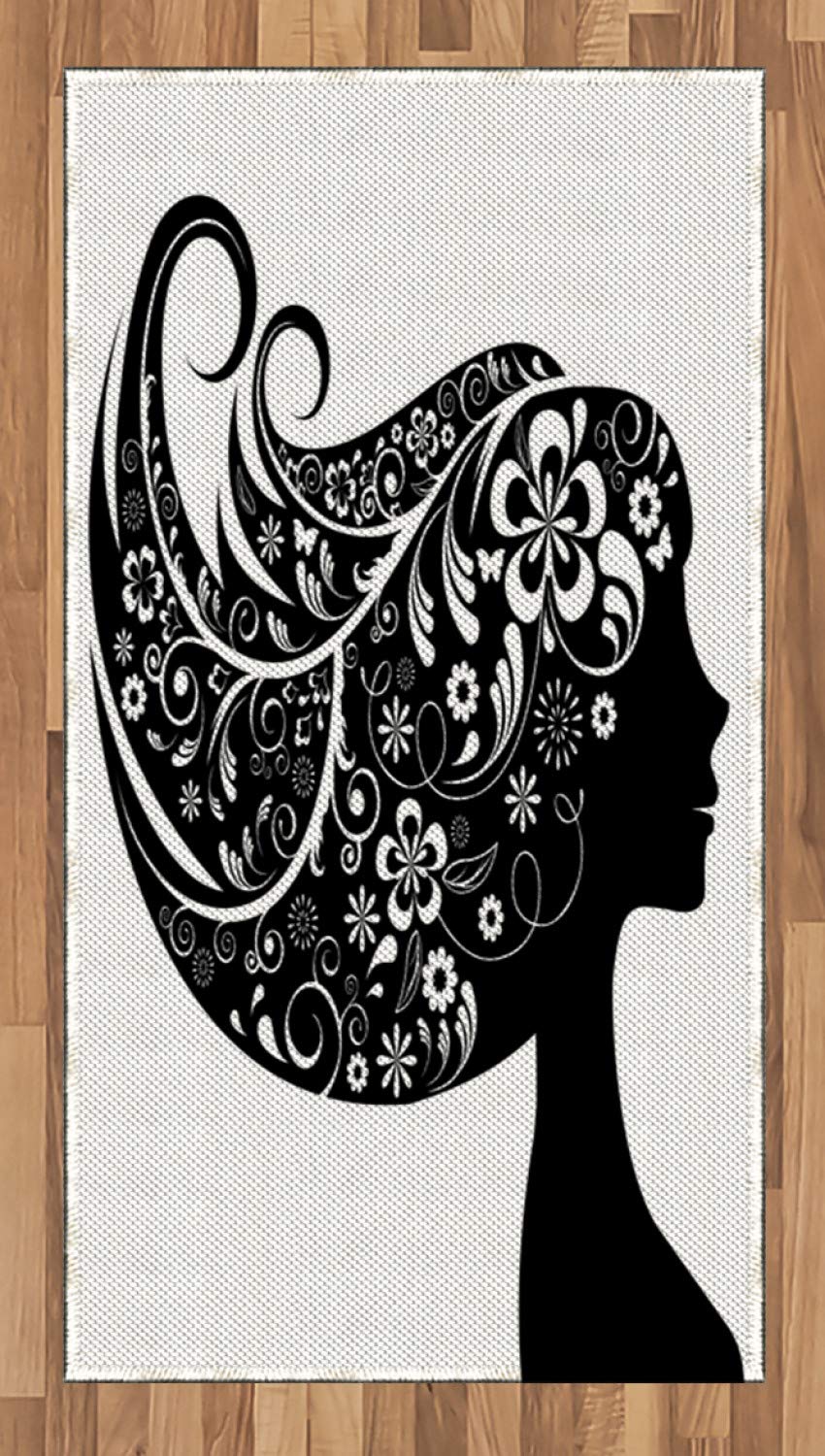 Ambesonne Spring Vibes Area Rug, Traditional Floral Pattern Ornate Lady Silhouette Print on Plain Back, Flat Woven Accent Rug for Living Room Bedroom Dining Room, 2' 6" x 5', Charcoal Grey White