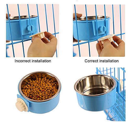 RUBYHOME Dog Bowl Feeder Pet Puppy Food Water Bowl, 2-in-1 Plastic Bowl & Stainless Steel Bowl, Removable Hanging Cat Rabbit Bird Food Basin Dish Perfect for Crates & Cages, Blue
