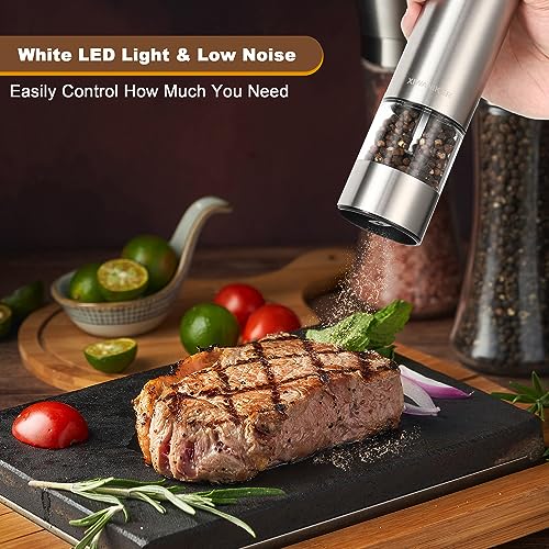 Electric Pepper Grinder,Electric Salt Grinder, adjustable coarseness, LED light, one hand automatic operation, dust cap (Single(1pc))