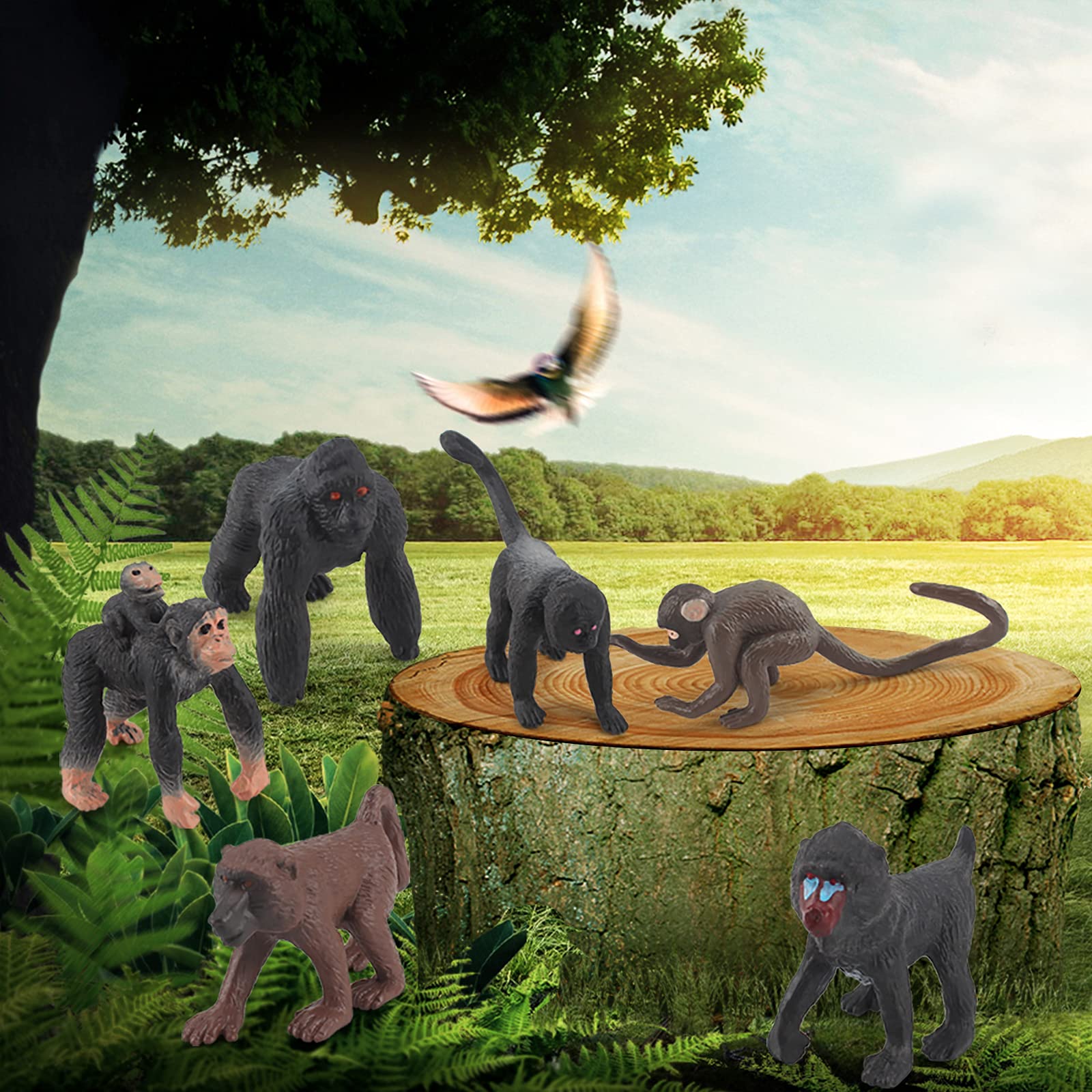 Fantarea Wild Life Jungle Animal Model Playsets 6 PCS Mini Monkey Figurines Gorilla Mandrill Baboons Squirrel Monkeys Action Figure Toy for Child Kids Decor Gift