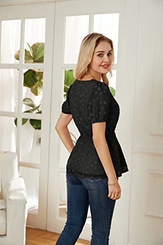 GRACE KARIN Women's Peplum Tops 2023 Summer V Neck Ruffle Short Sleeve Blouse Jacquard Flowy Shirt Tunic Top Black