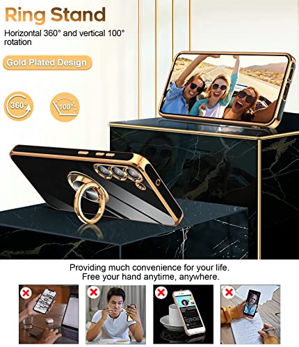 LeYi for Samsung Galaxy S23 Case 360° Rotatable Ring Holder Magnetic Kickstand, Plating Rose Gold Edge Protective Case, Black