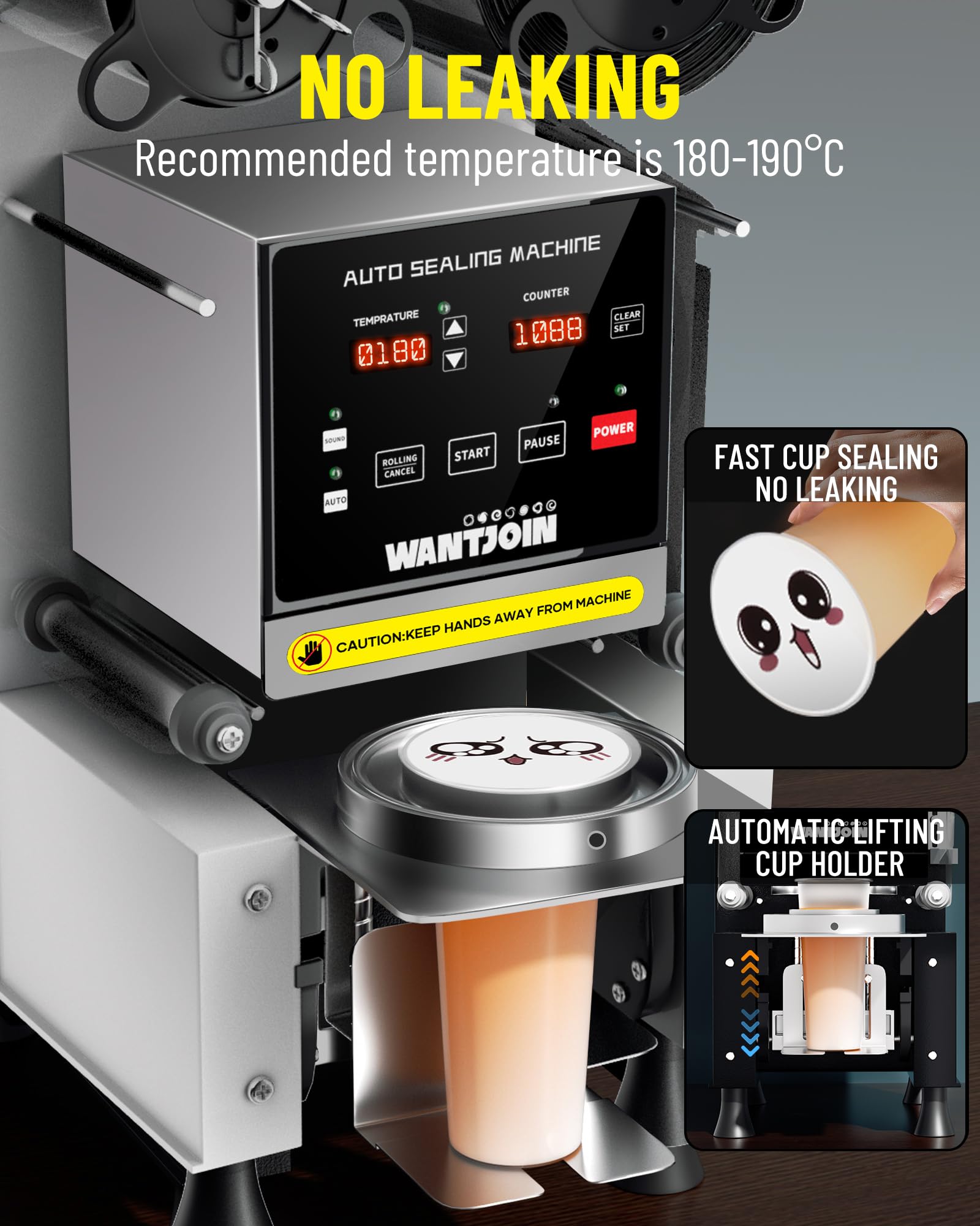WantJoin Cup Sealing Machine - Full Automatic Cup Sealer Machine 90/95mm, 35.4/37.4in, 500-650 Cups/H Commercial Digital Control LCD Panel Electric Cup Sealer for Bubble, Milk Tea, Coffee, Grey