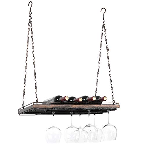 MyGift Ceiling Mount Hanging Wine Glass Holder Rack, Bronze Metal Stemware and Wine Bottle Shelf with Decorative Vineyard Cutout Design