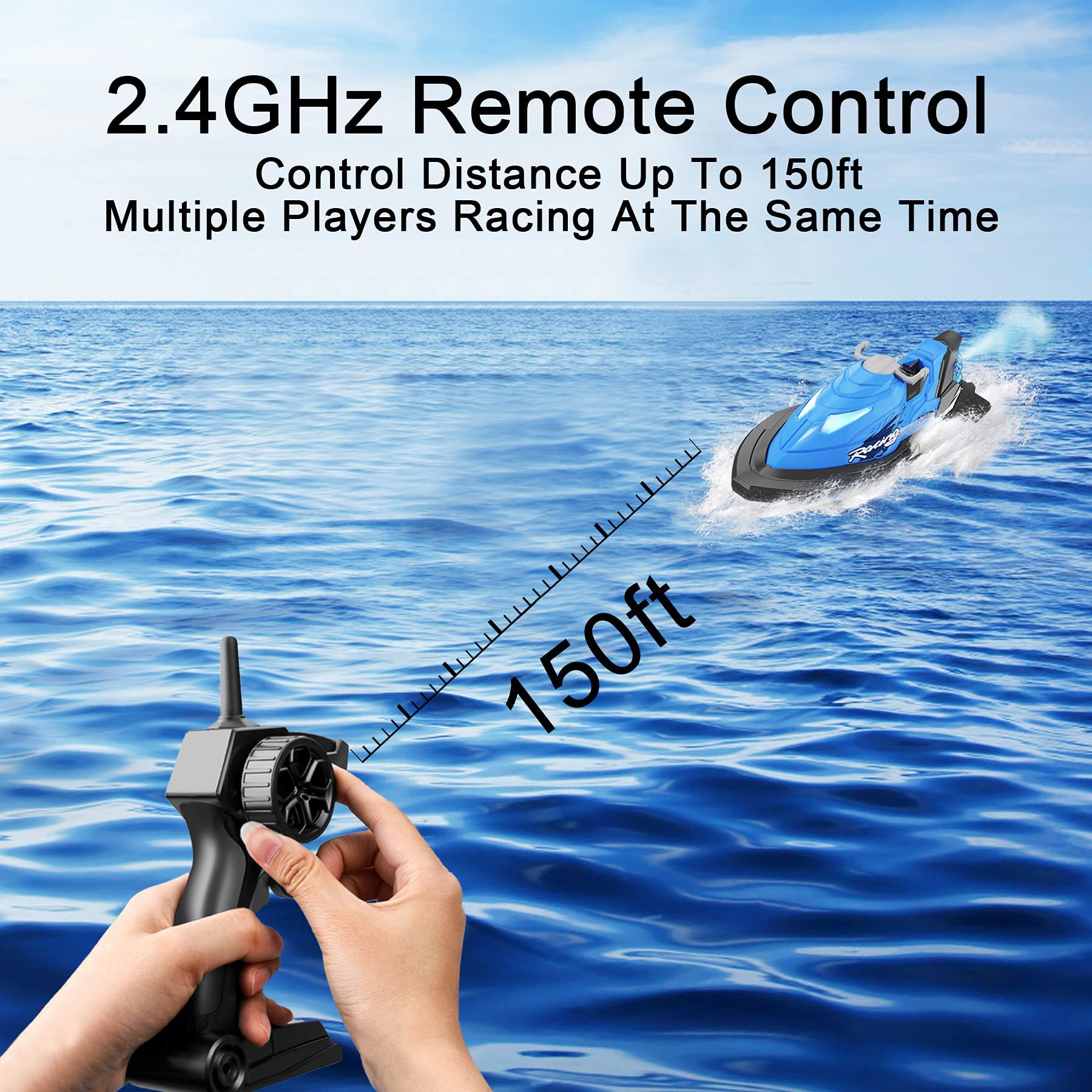 IOKUKI RC Boats for Kids & Adults with Spraying Function, 2.4G Remote Control Boat for Pools & Lakes with Rechargeable Toy Boat Battery/Dual Motors/Low Power Prompt/Waterproof - Blue