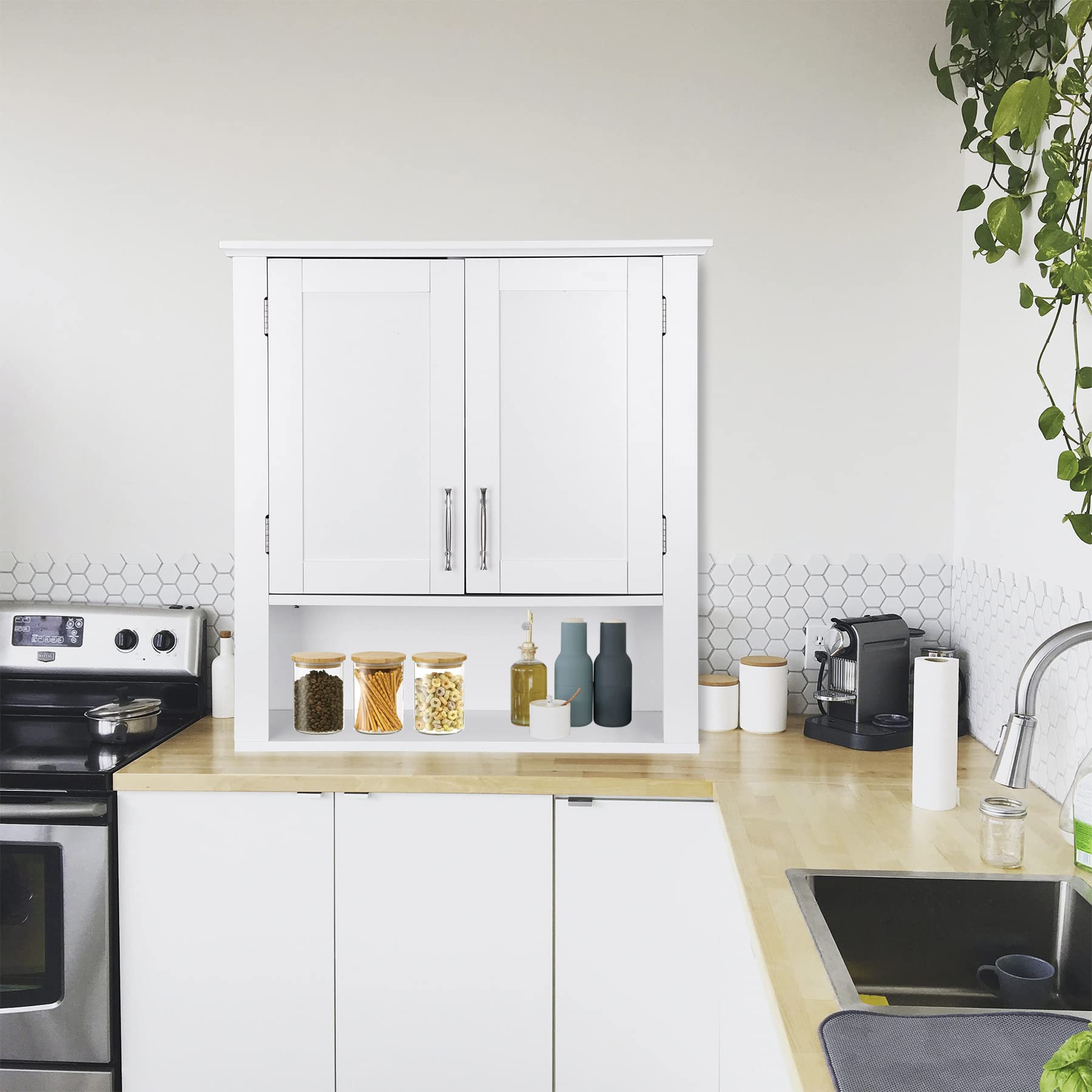 Saicool Bathroom Medicine Cabinet Kitchen Office Surface Mount Wooden Storage Cabinet with 2-Doors and 1- Shelf Cottage Collection