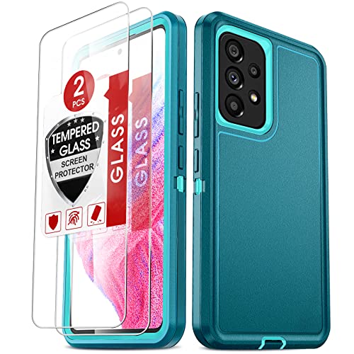 LeYi Samsung A53 5G Case: 3-in-1 Full Body Protection, Teal Blue with [2 Pack] Tempered Glass Screen Protectors