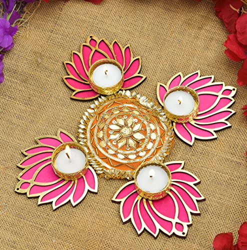 BENAVJI Wooden Lotus Cutout Rangoli with Candle Decorative mat Handmade for Festivel Decorations Floor Decoration Reusable Rangoli for Puja Function (Pink Orange)
