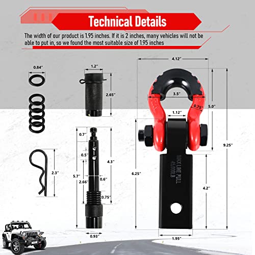 AMBULL Shackle Hitch Receiver & Towing Hitch Lock, with 3/4 Inch D-Ring Shackle, 2 Insurance Pins, Weatherproof Anti-Theft Lockable Heavy Duty Solid Recovery Kit - Red