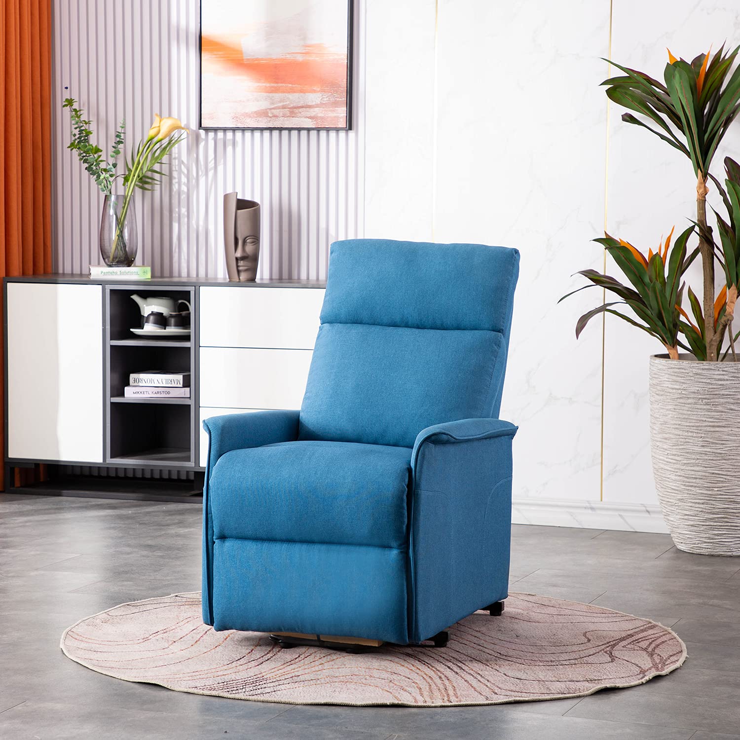 MELLCOM Power Lift Recliner Chair Sofa for Elderly with Massage and Heat, Fabric Electric Massage Recliner with Side Pocket and Wired Remote Control, Linen Blue