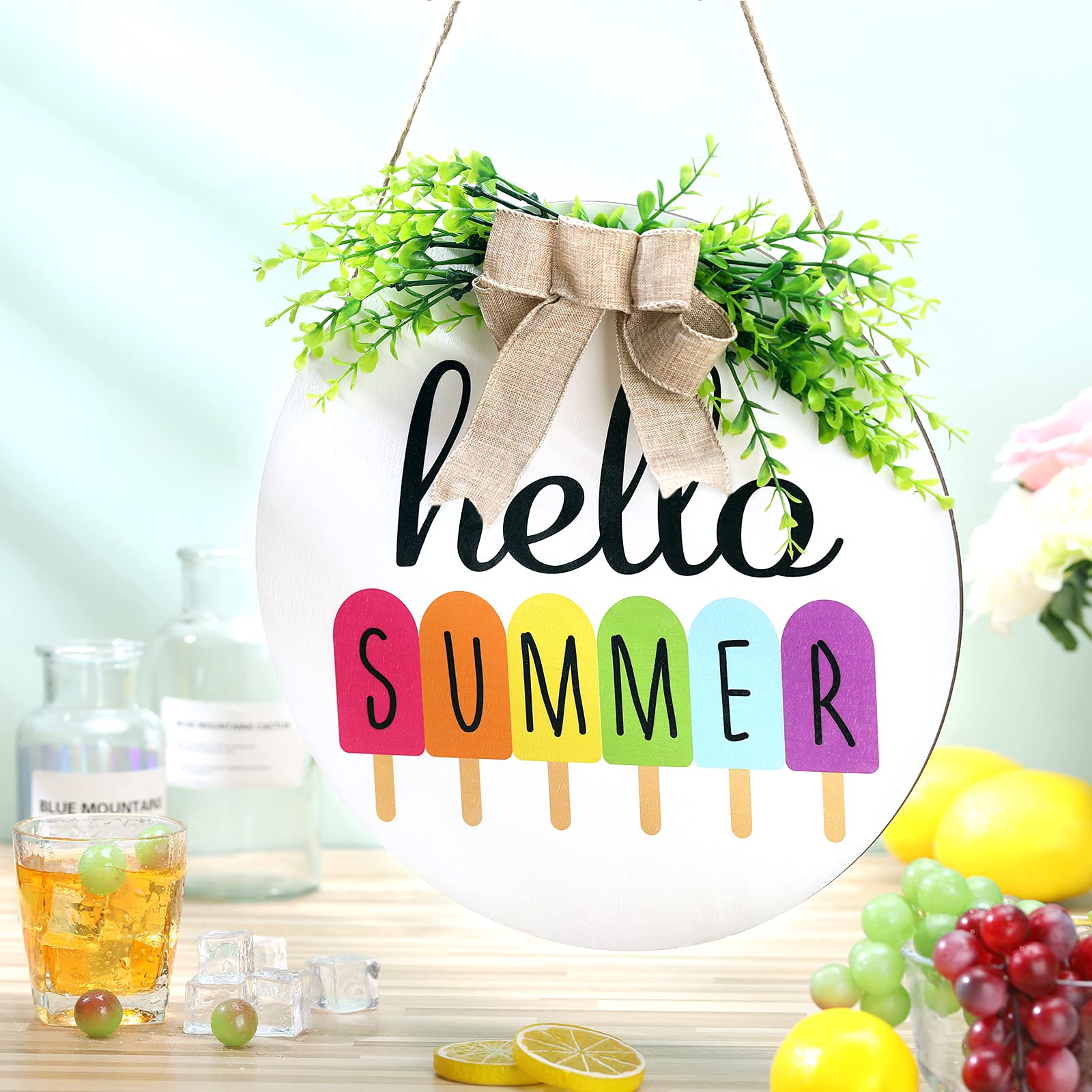 Jetec Hello Summer Door Sign Rustic Ice Lolly Wooden Door Sign Hanging Round Porch Decor with Burlap Bow Wreaths Front Door Decor for Summer Farmhouse Home Porch Garden Yard Decor, 11.8 Inch (White)