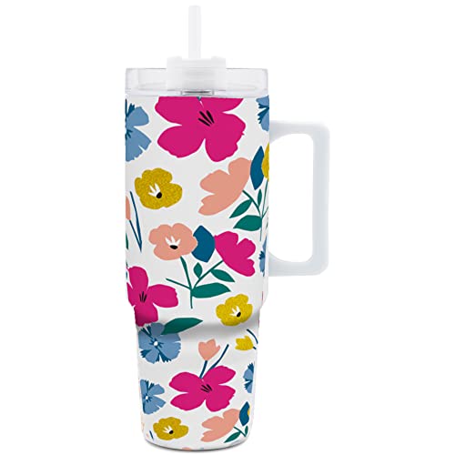 Mary Square Darling Daisy Pink Floral 30 ounce Stainless Steel Water Tumbler with Handle
