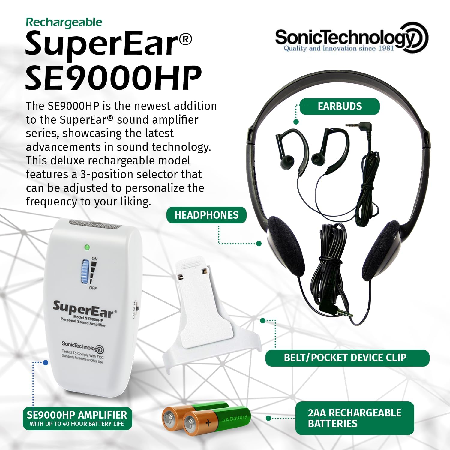 SuperEar Rechargeable Personal Sound Amplifier - 50dB Amplifier with Headphones, Earbuds and Tactile 3 Tone Frequency - Sound Amplifiers for Seniors, Adults and Audiologists - Model SE9000HP (PSAP)