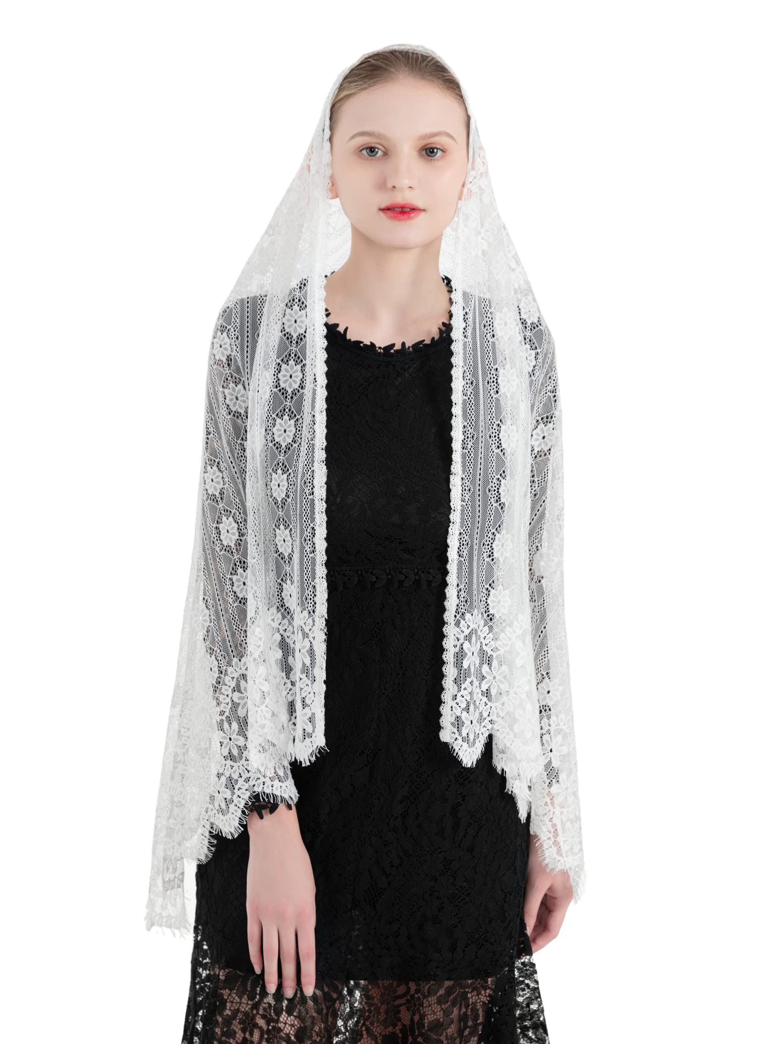 PAMOR Women Chapel Veil Rectangular Mantilla Wrap Shawl Scarf Head Covering Catholic Veils for Church (White)