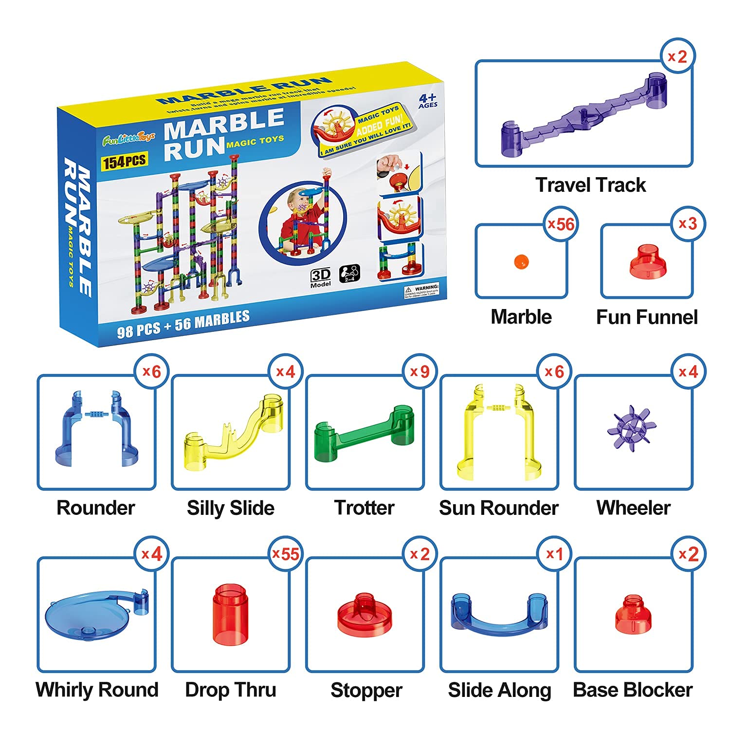 FUN LITTLE TOYS 154PCS Marble Run Set Toys for Kids, Gravity Marbles Maze Tower Building Blocks 98 Plastic Pieces 56 Glass Marbles, Marble Race Track Rolling Game, Educational Learning STEM Toy Gift