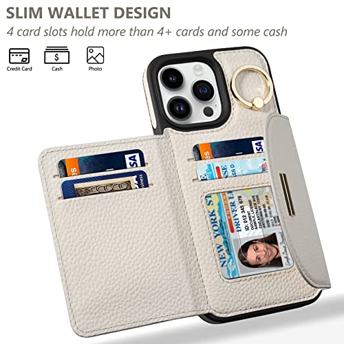 Keallce Case for iPhone 13 Pro Max 6.7'' 2021, Flip Wallet Case with Card Slots, Ring Stand Holder Kickstand, Folio Leather Protective Phone Cover for Women Compatible with iPhone 13 Pro Max 5G, Beige