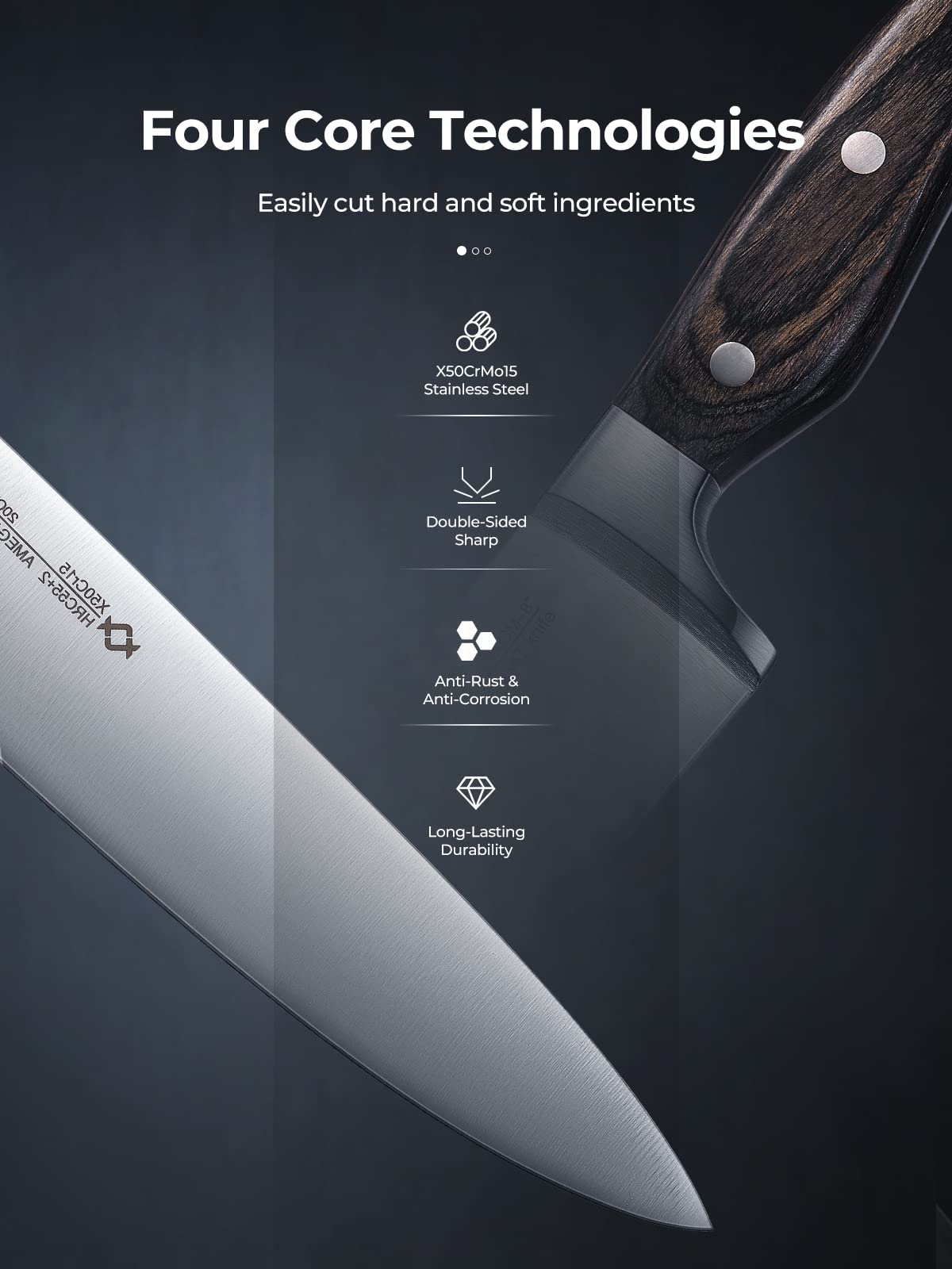 AMEGAT 15-Piece Knife Set with Built-in Sharpener and Carving Fork, Ultra Sharp Knife Block Set with Full Tang Design & Wooden Handle, High Carbon Stainless Steel Knife Sets for Kitchen with Block