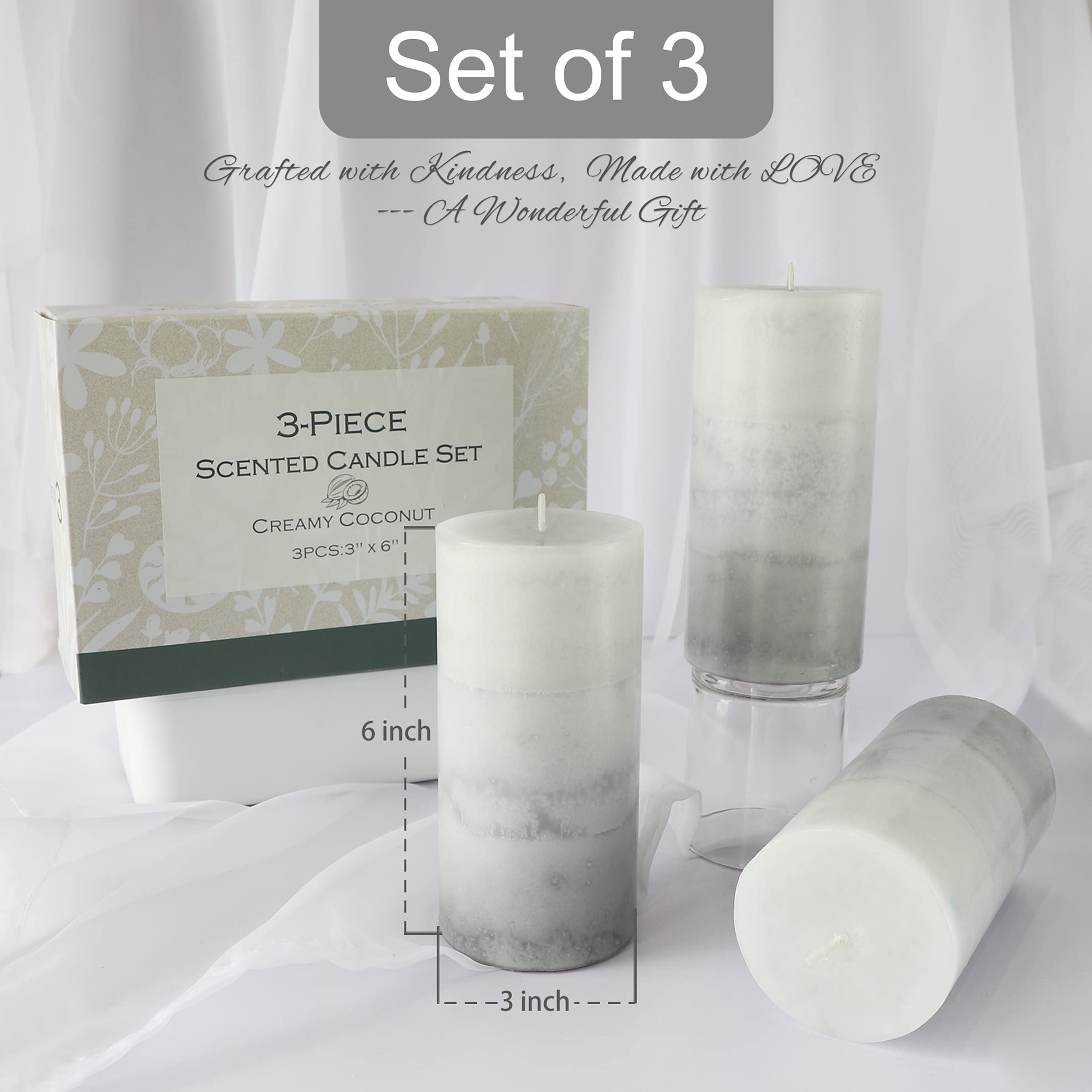 CRYSTAL CLUB White Pillar Candles, Aromatherapy Scented Candles, Set of 3 Tall 3x6 Inch Rustic Grey Candles, Clean Burning and Dripless Candle Lights, Creamy Coconut Scented for Home Décor
