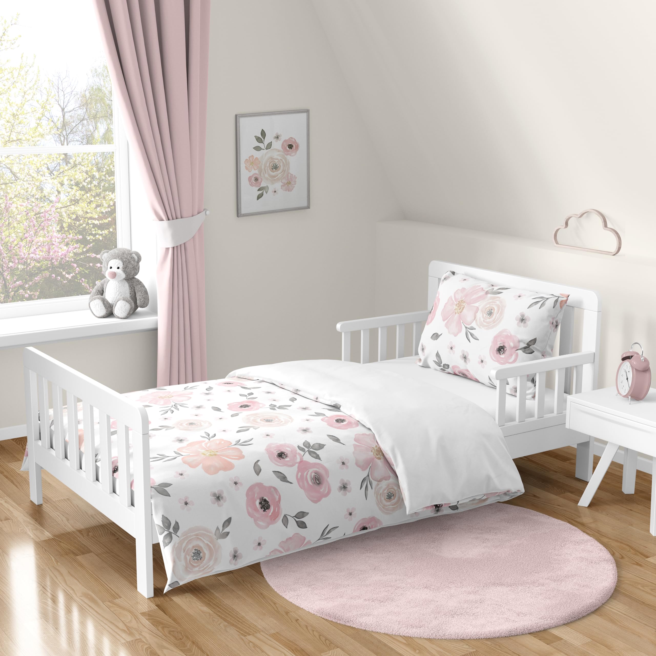Sweet Jojo Designs Blush Pink, Grey and White Shabby Chic Watercolor Floral Girl Toddler Kid Childrens Bedding Set 5 Pieces Comforter, Sham and Sheets - Rose Flower Polka Dot