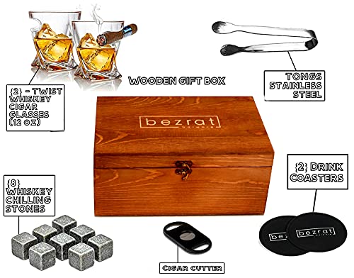Bezrat Old Fashioned Whiskey Cigar Glasses With Side Mounted Cigar Holder + Whisky Chilling Stones and accessories in Wooden Box - Scotch Bourbon Set for Dad, Husband, Fathers Day, Birthday Gift Set