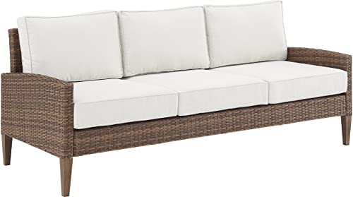 Crosley Furniture Capella Wicker Outdoor Sofa, 3-Person Patio Couch for Porch, Deck, Backyard, Brown with Creme Cushions