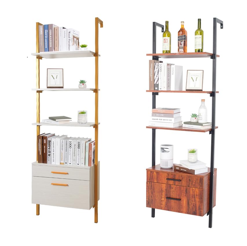 ELECWISH Ladder Shelf Wall Mounted Bookshelf with Drawers Bookcase 3 Tier Open Shelves, Open Storage Shelves Storage Rack with Metal Frame for Home, Living Room, Home Office (White)