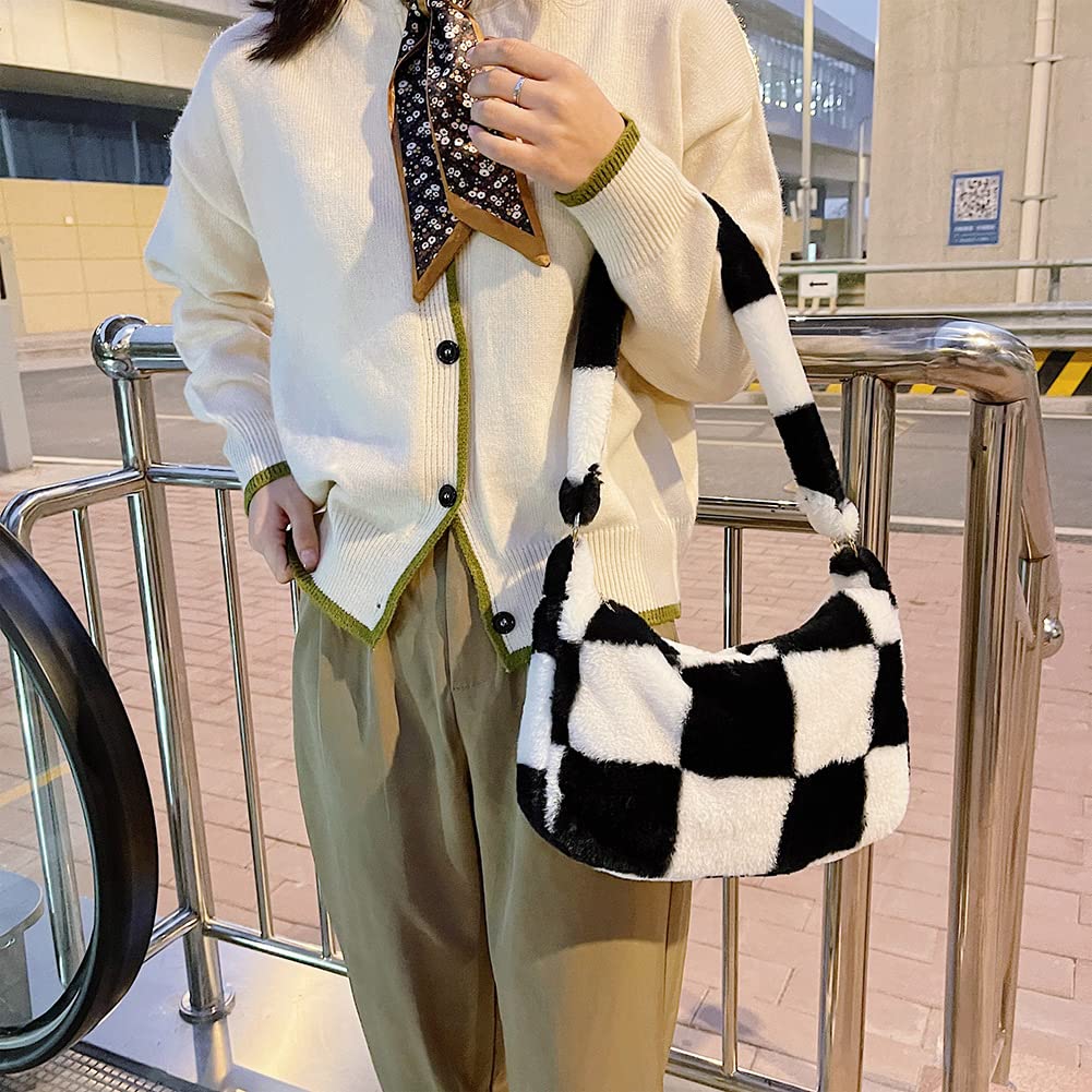 JQWSVE Fluffy Tote Bag Furry Shoulder Bag for Women Black and White Checkered Bag Large Plush Bag Fluffy Purse for Autumn and Winter