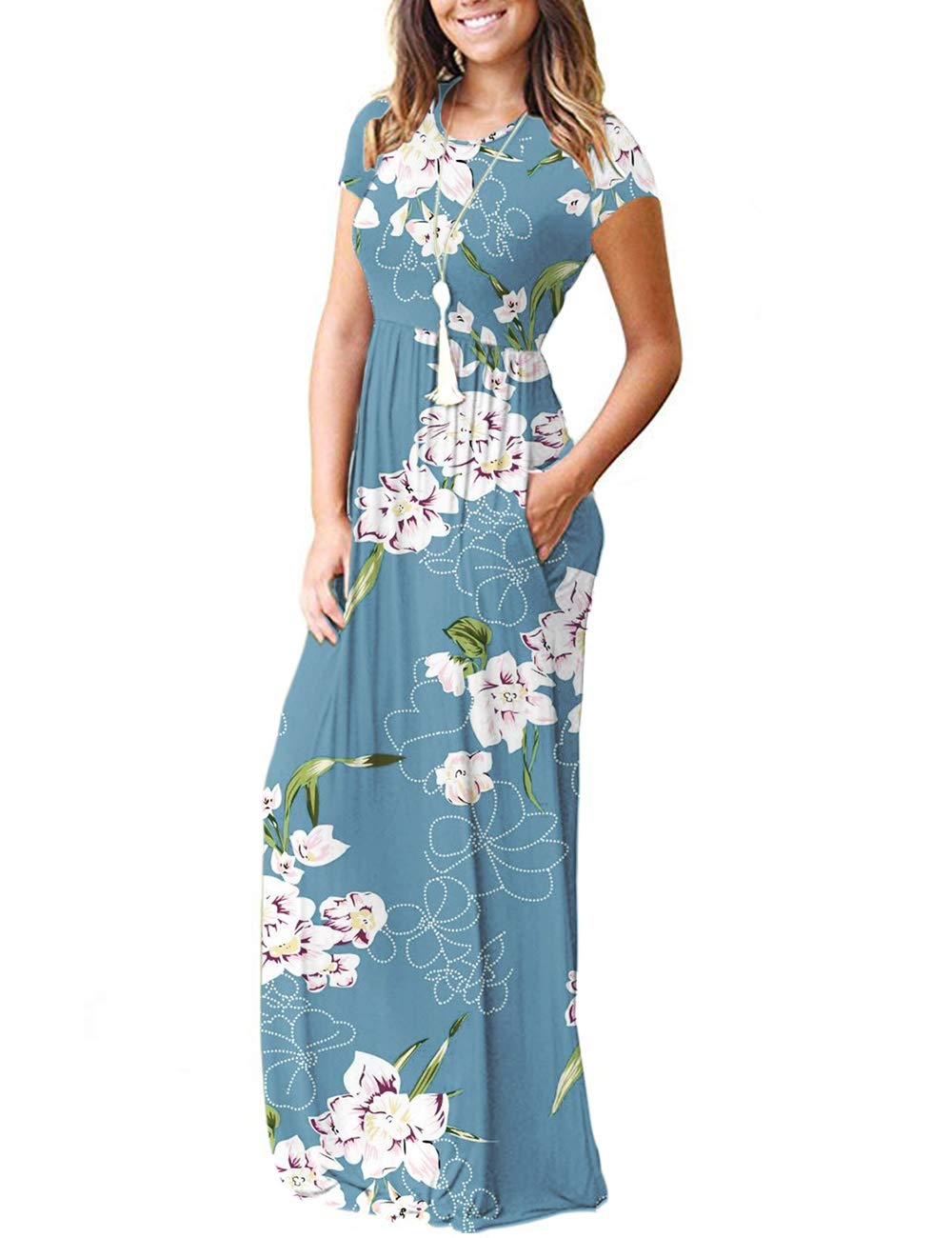 AUSELILY Women's Short Sleeve Loose Plain Casual Long Maxi Dresses for Women 2024 Floral Light Blue XL