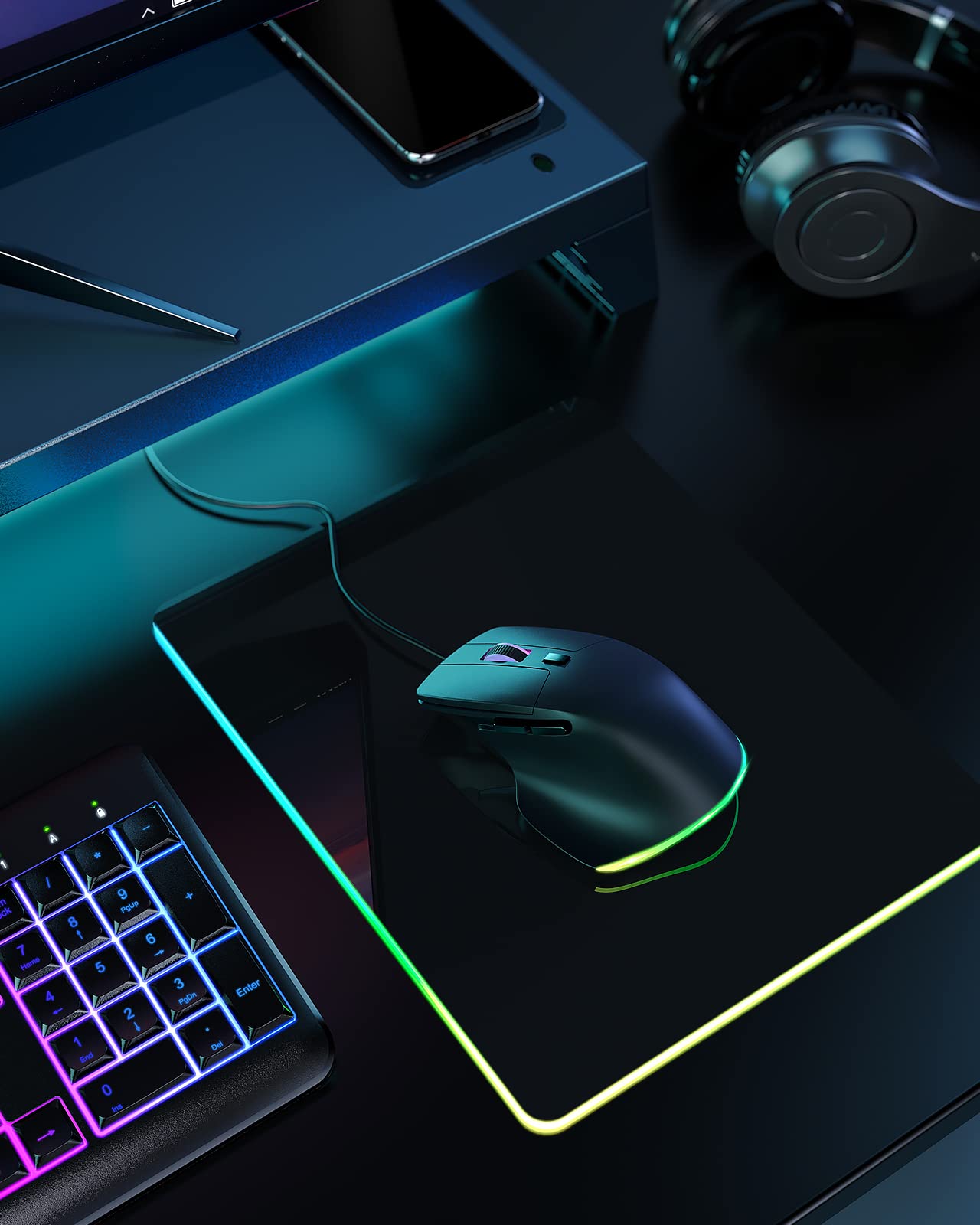 Wired RGB Mouse for Laptop, Ergonomic Computer Mouse, Quiet Click, 4-Level DPI, 7 Buttons, LED Light with Thumb Rest Mouse Compatible for PC/Desktop/Notebook/MAC/Gamer(for Right Hand, Large), Black