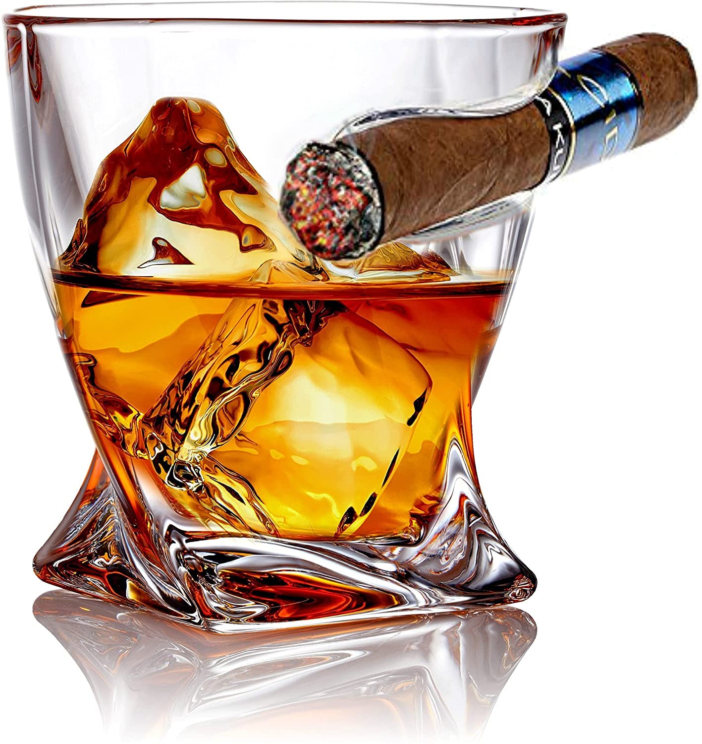 Bezrat Whiskey Cigar Glasses Gift Set - with Side Mounted Cigar Rest - Whisky Chilling Stones and accessories in Wooden Box - Scotch Bourbon Christmas Gift for Dad, Husband, Fathers Day, Birthday