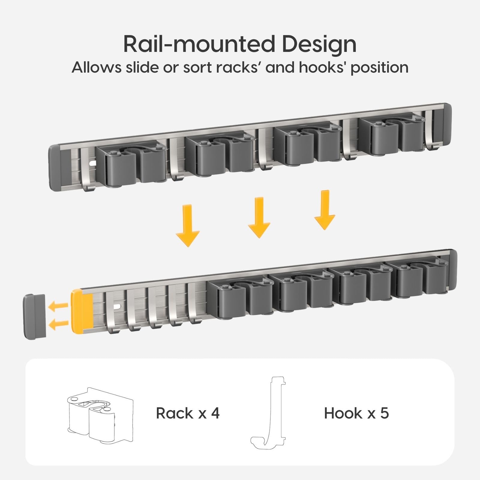 Broom Holder Wall Mount, [4 Racks & 5 Hooks] Drilling Free Mop and Broom Holder with 2 Over Door Hooks, Tool Organizer for Laundry Room, Garage, Kitchen, Closet, Bathroom, Pantry - Space Grey