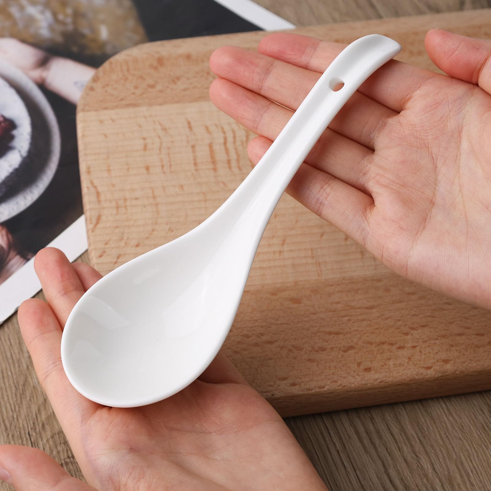 HANSGO Asian Soup Spoons Set of 6, 5.5" Ceramic Dessert Spoons for Pho Wonton Dumpling Ramen Miso Macaron, Dishwasher & Oven Safe