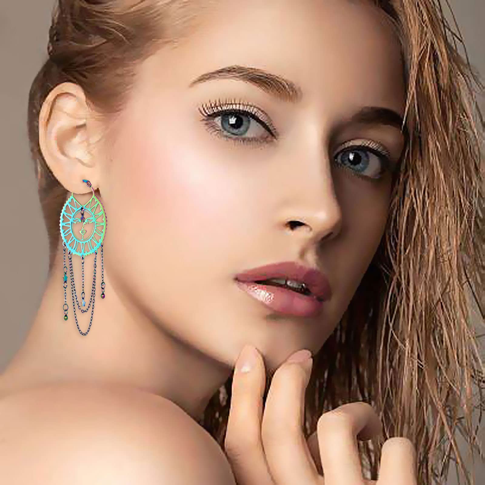 AntDear Asymmetrical Sun and Moon Earrings for Women Dangling, Rainbow Boho Earrings Star Tassel Chain Drop Dangle Statement Earrings Stainless Steel Bohemian Jewelry (Rainbow)