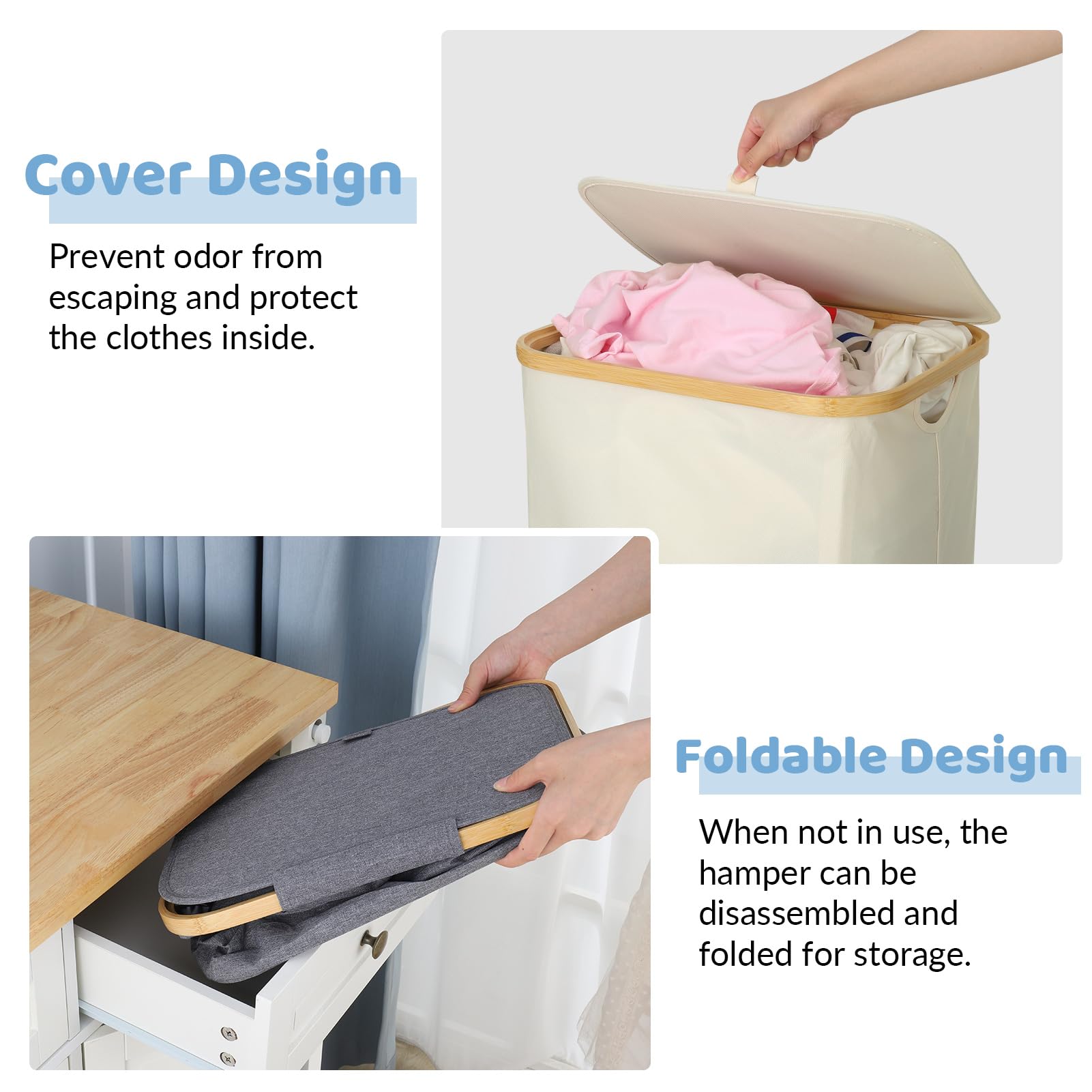 Coumy 2 Pack Laundry Hamper with Lid 100L,Slim Laundry Basket with Removable Washable Bags-Oxford Collapsible Storage Basket for Bedroom and Bathroom(Beige and Grey)(16.1” x 13” x 29.5”)