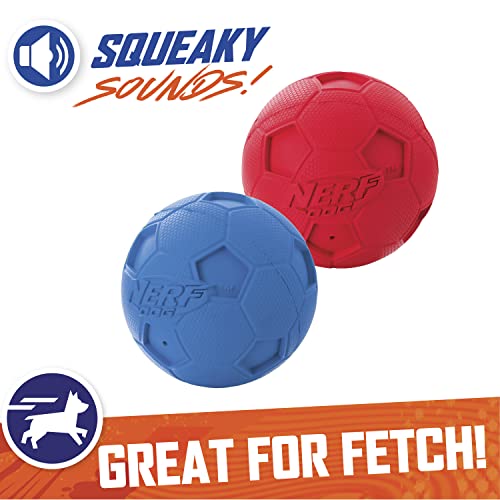 Nerf Dog Soccer Ball Dog Toy with Interactive Squeaker, Lightweight, Durable and Water Resistant, 2.5 Inches, For Small/Medium/Large Breeds, Two Pack, Blue and Red