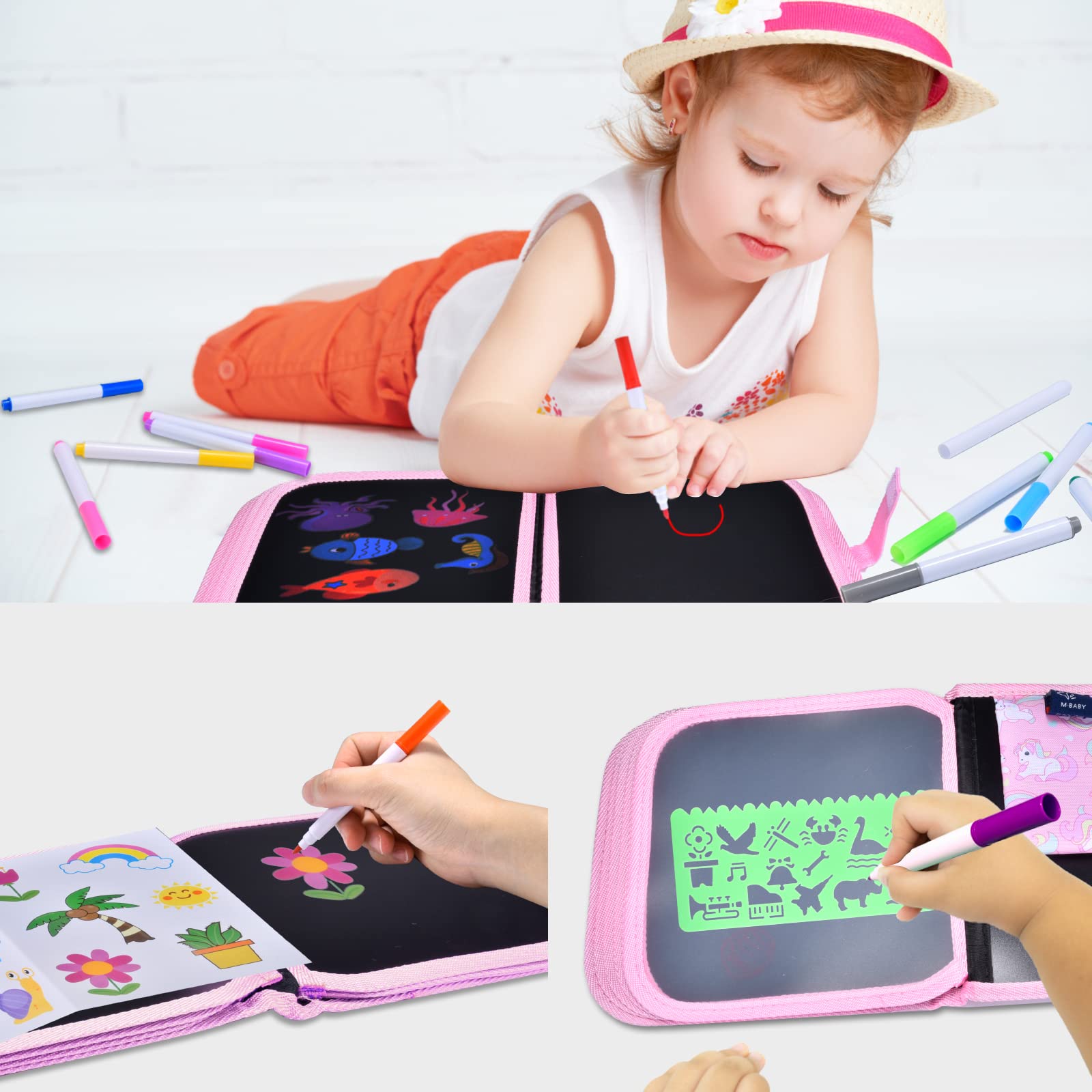 Miavogo Kids Erasable Doodle Book Set, Reusable Drawing Pad with 4 Page Coped Pattern & 12 Watercolor Pens, Preschool Travel Art Toy Scribbler Board for Road Trip Car Games Activities