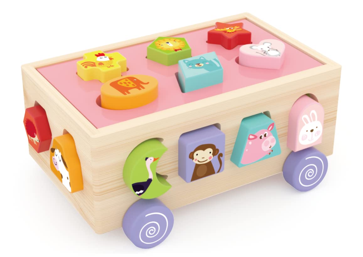 YUHAIPI Shape Sorter Car,Solid Wood,18 Building Blocks with Animal & Numbers Photos,Best Game for Hand-Eye Coordination &Thinktraining,Great Gift for 2-3-4 Years Old Boys and Girls.