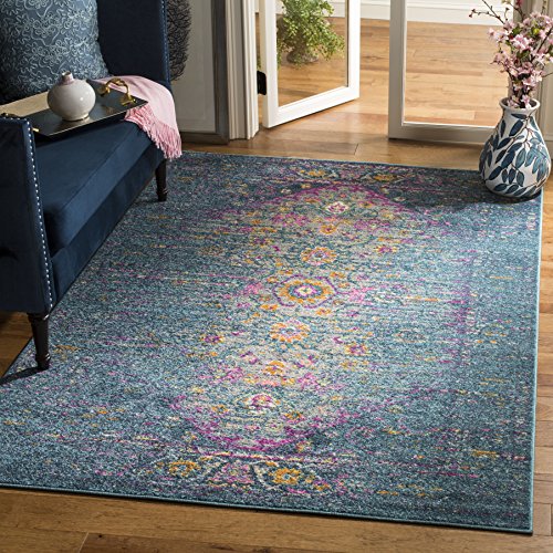 SAFAVIEH Madison Collection Area Rug - 5'1" x 7'6", Blue & Fuchsia, Boho Chic Distressed Design, Non-Shedding & Easy Care, Ideal for High Traffic Areas in Living Room, Bedroom (MAD122C)